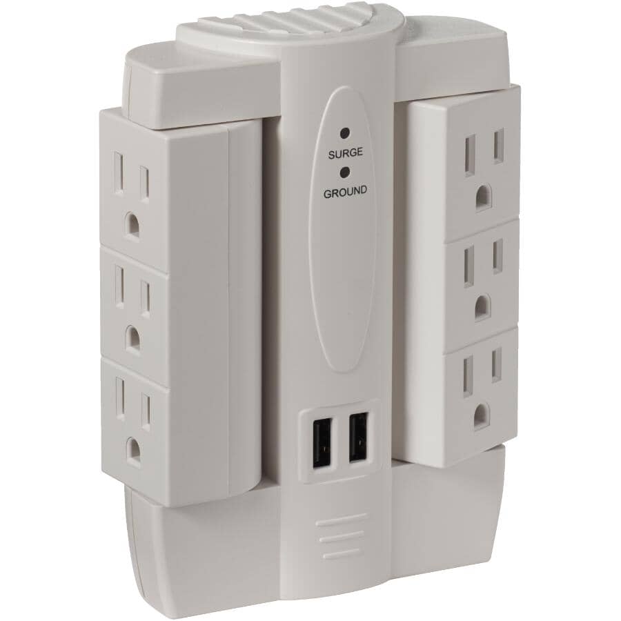 OMNIMAX Pivoting 6 Outlet Wall Tap with Surge Protection and USB Ports ...