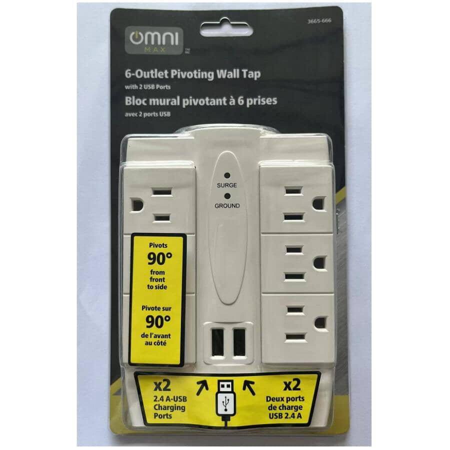 OMNIMAX Pivoting 6 Outlet Wall Tap with Surge Protection and USB Ports ...