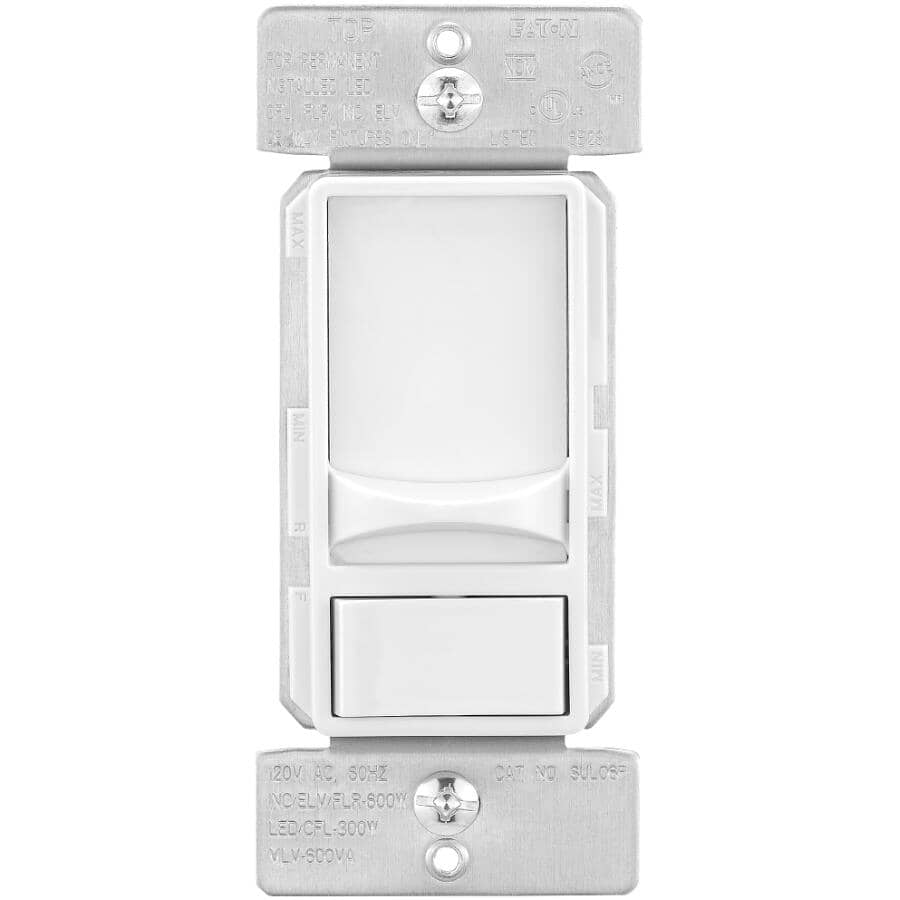 EATON 300 Watt Single Pole + 3 Way All Loads White Slide Dimmer Switch ...