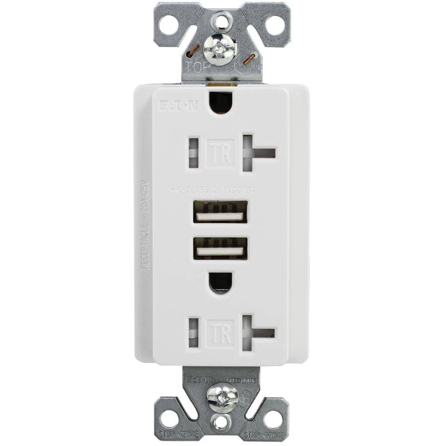 EATON White 3.6 Amp Dual Port USB Charger with 20 Amp Tamper Resistant ...