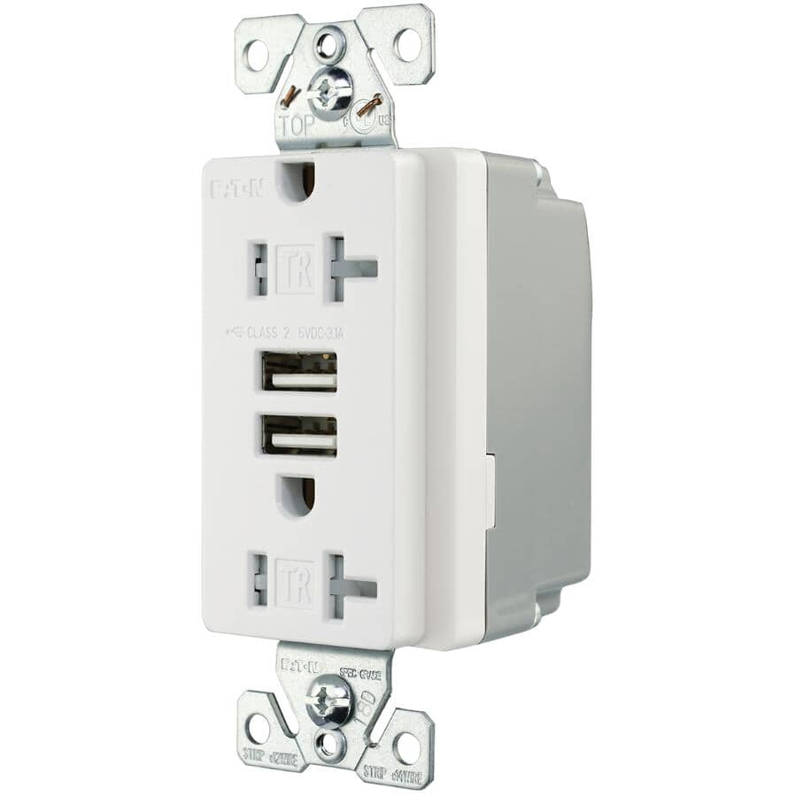EATON White 3.6 Amp Dual Port USB Charger with 20 Amp Tamper Resistant ...