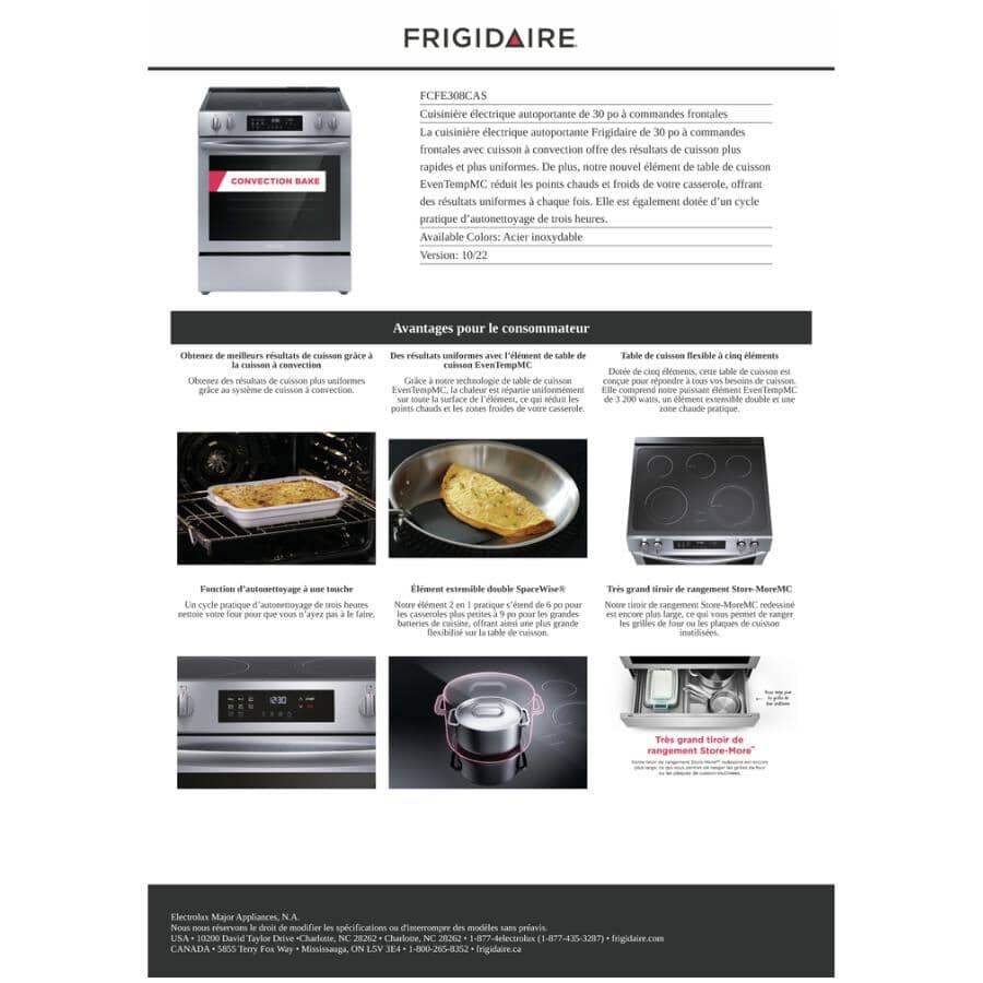 FRIGIDAIRE 30" 5.3 cu. ft. Freestanding Smooth Top Electric Range ...