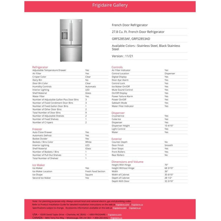 FRIGIDAIRE GALLERY 36" 27.8 cu. ft. French Door Bottom Freezer ...