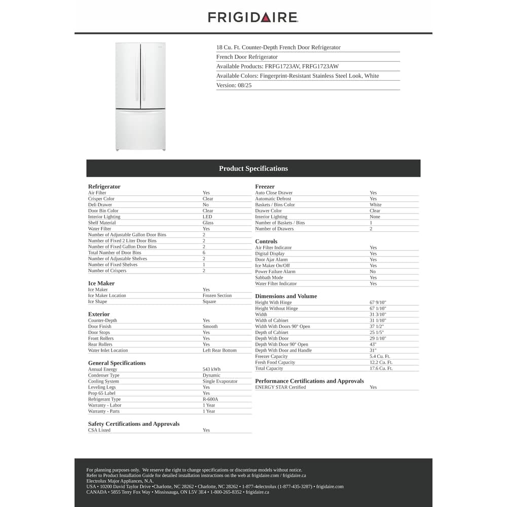 FRIGIDAIRE 31.5" 18 cu. ft. French Door Bottom Freezer Refrigerator ...
