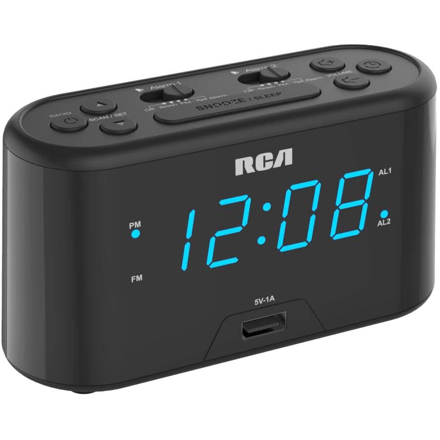 RCA Digital Blue LED Clock Radio with USB Charging Port | Home Hardware