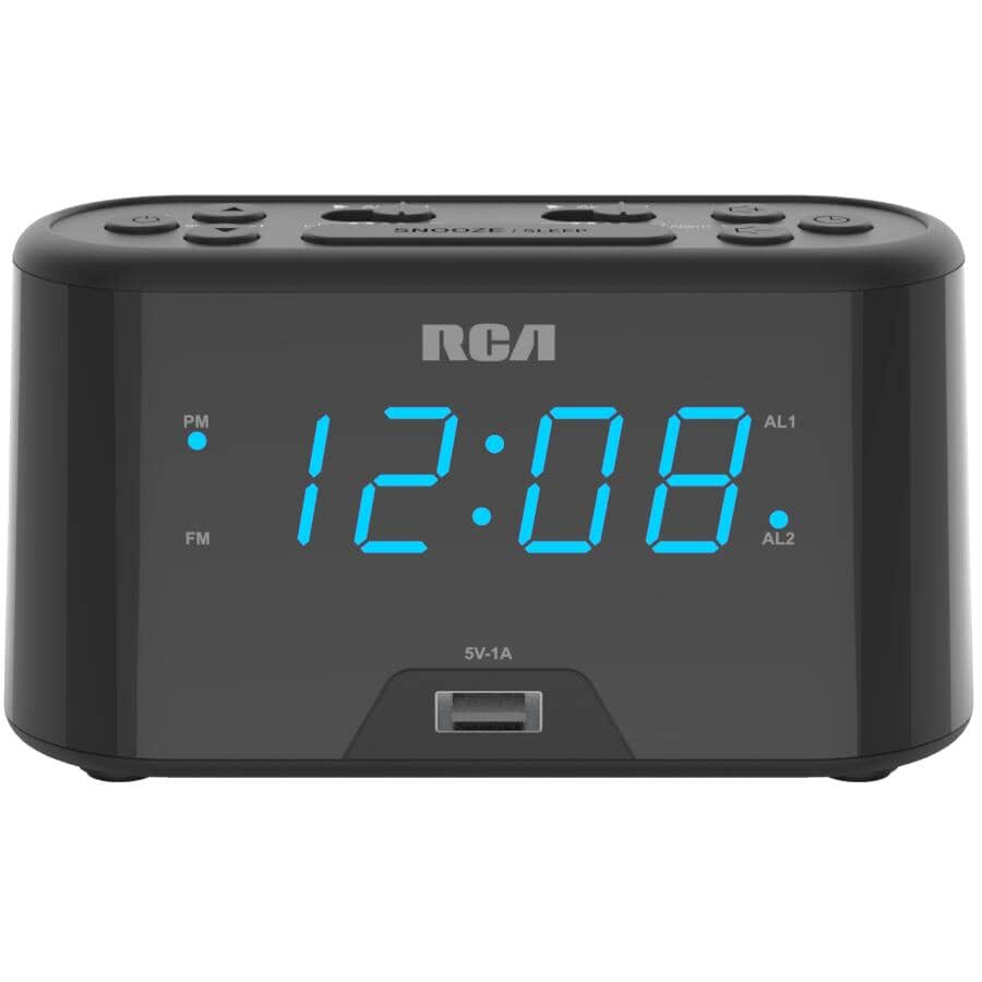 RCA Digital Blue LED Clock Radio with USB Charging Port | Home Hardware
