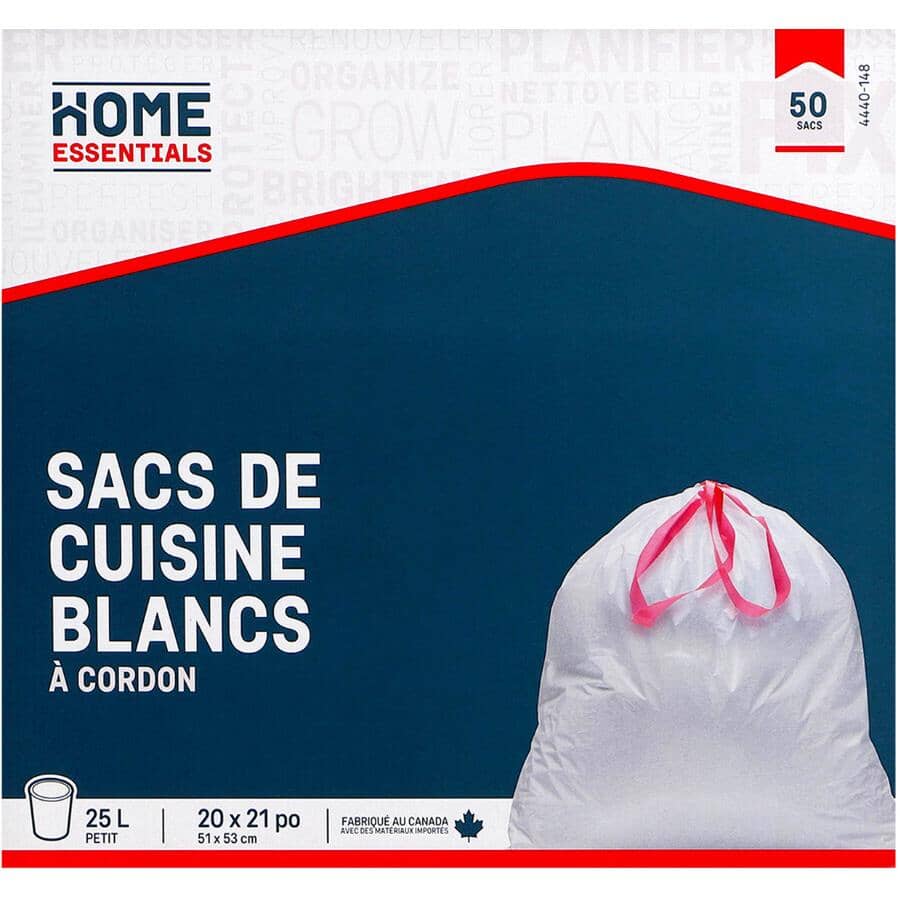 HOME ESSENTIALS 20" x 21" Drawstring White Garbage Bags- 50 Pack | Home ...