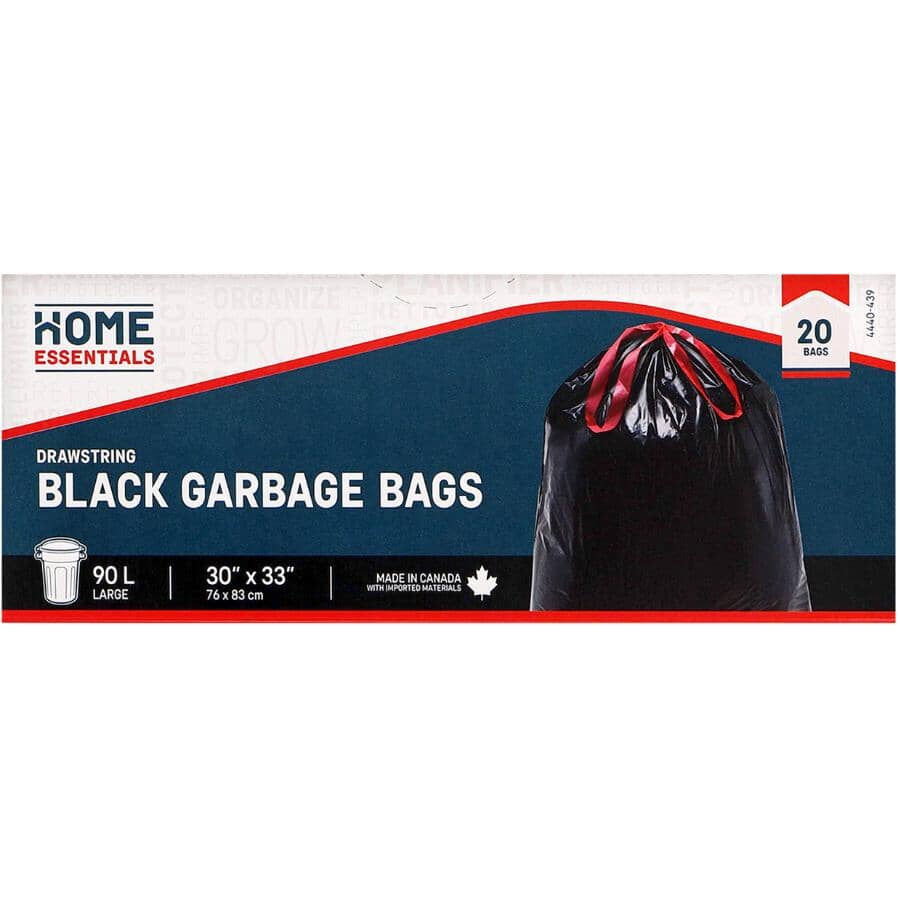 HOME ESSENTIALS 30" x 33" Drawstring Black Garbage Bags -20 Pack | Home ...