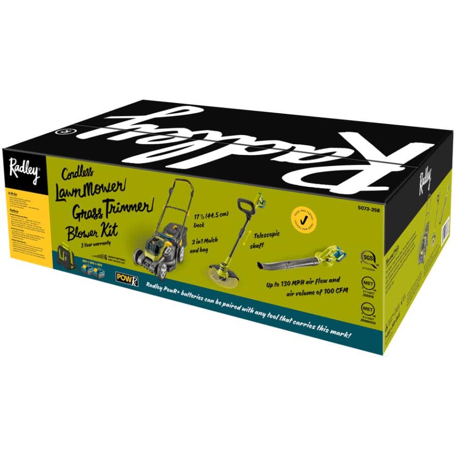 RADLEY Cordless Lawn Mower, Trimmer & Blower Combo Kit | Home Hardware