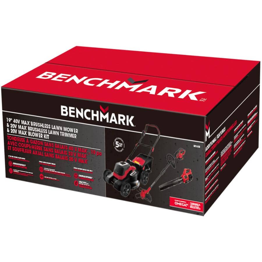 BENCHMARK Cordless Lawn Mower, Trimmer & Blower Combo Kit | Home Hardware