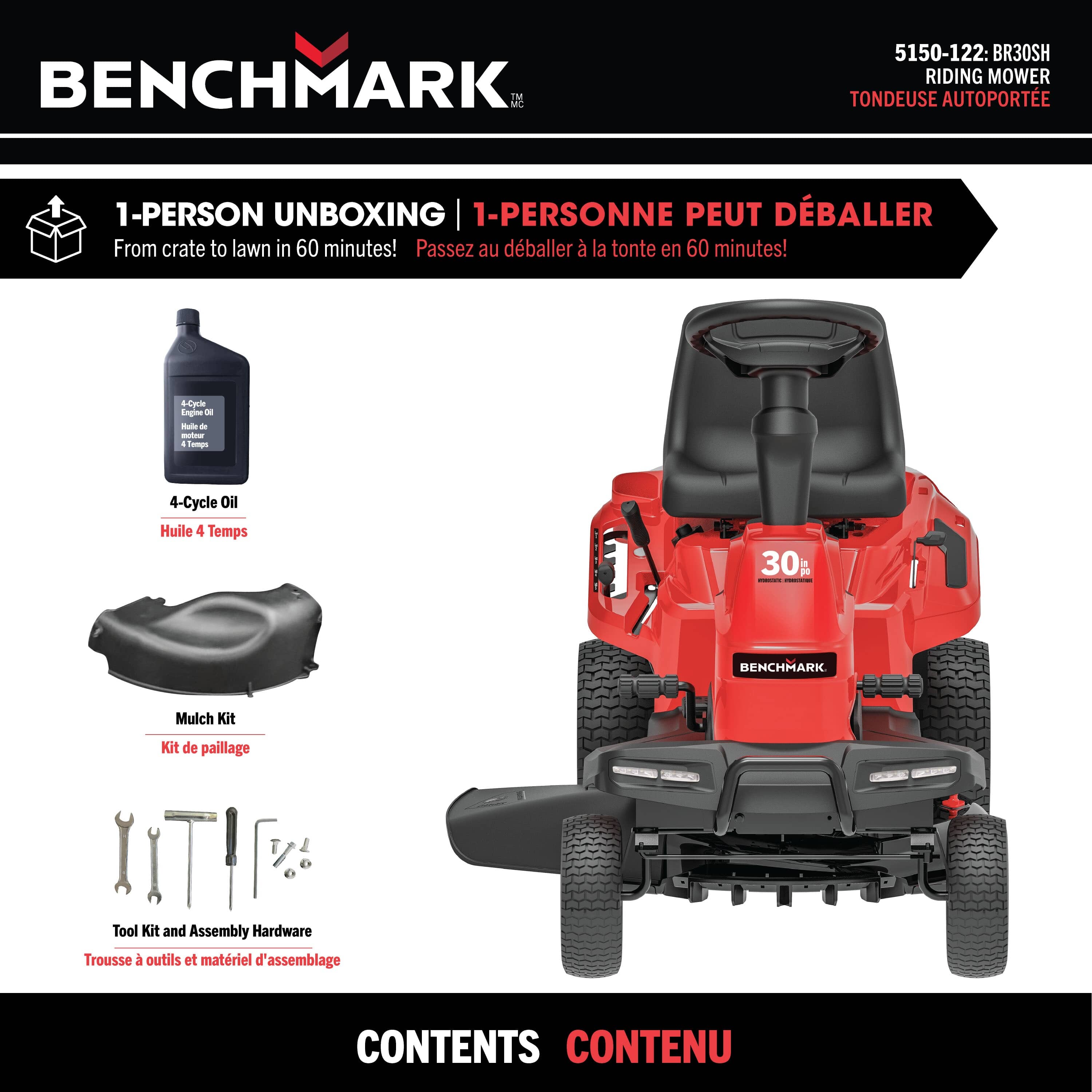 BENCHMARK 30" 11HP Gas-Powered Hydrostatic Riding Mower with Mulch Kit ...
