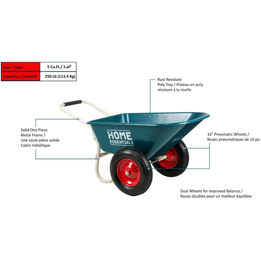 HOME ESSENTIALS 5 Cu. Ft Poly Tray Wheelbarrow with Dual Wheels | Home ...