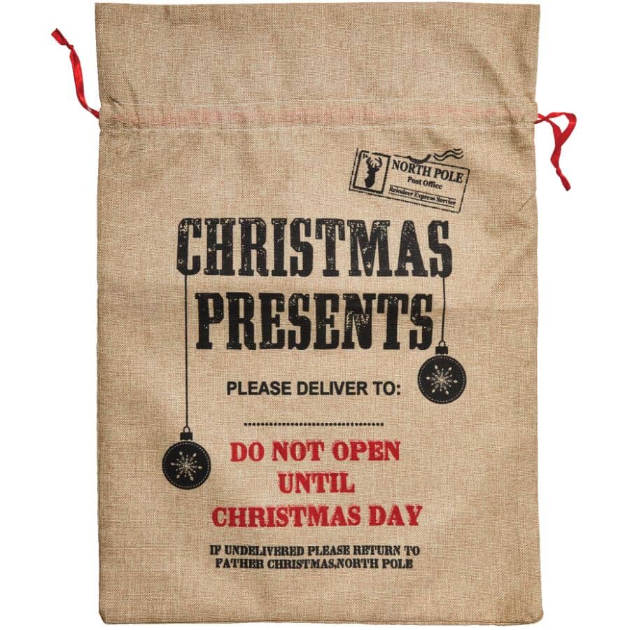 SANTA'S SECRETS Christmas Presents Burlap Sack | Home Hardware
