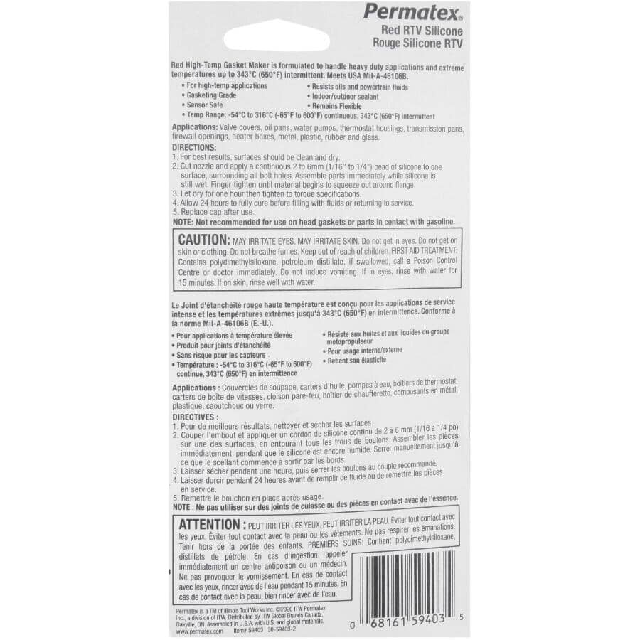 PERMATEX Joint d'étanchéité en silicone rouge à haute température RTV ...