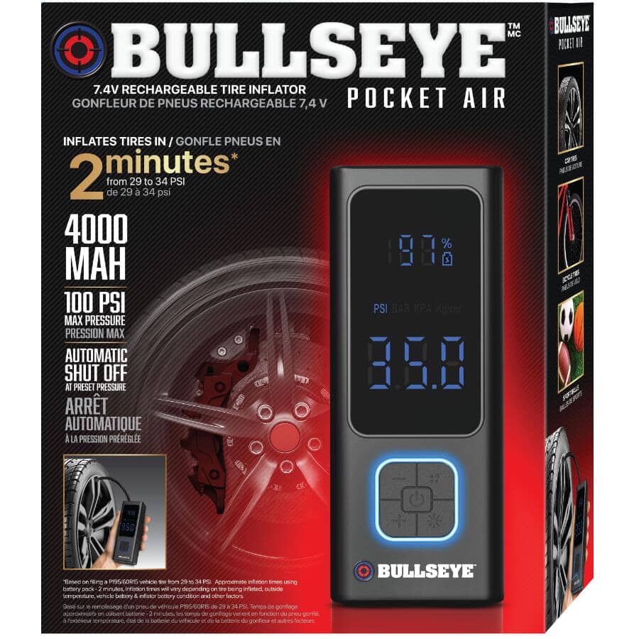 BULLSEYE PRO Pocket Air 7.4V Rechargeable Tire Inflator | Home Hardware